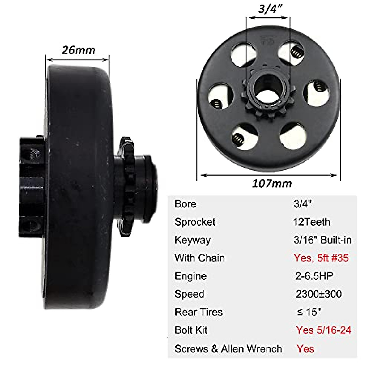 FDJ 3/4" Centrifugal Clutch 12 Tooth with 35 Chain Go Kart Clutch 3/4 Bore and Chain Kit for Mini Bike, Fun Kart, Fits 2-7 HP Honda Engines