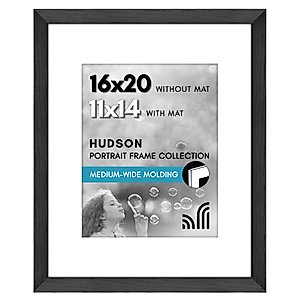 Americanflat 16x20 Picture Frame with Polished Plexiglass - Use as 11x14 Frame with Mat or 16x20 Frame Without Mat - Hudson Collection - Wide Photo Frame for Wall Display - Black