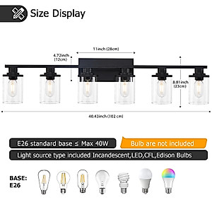 stambord 6 Light Matte Black Bathroom Vanity Light Fixtures with Clear Glass and Metal Base, Black Vanity Lights for Bathroom Over Mirror