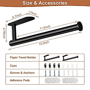 Paper Towel Holder Towel Rack,WACETOG Under Cabinet Paper Towel Holder Wall Mount 2 Pack Stainless Steel Paper Towel Rack for Kitchen Paper Towel Roll Holder (Black)