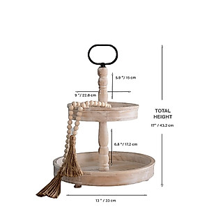 BonzaiKit Two Tier Wood Tray with Wooden Beads - Farmhouse Rustic 2 Tiered Serving Stand for Kitchen & Home Decor - Cupcake Stand with Metal Holder