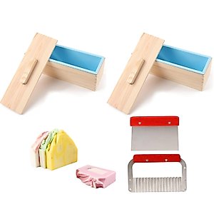 DOYOLLA Silicone Soap Loaf Molds Wood Box + Stainless Steel Wavy + Straight Cutters, 41oz, Random Color