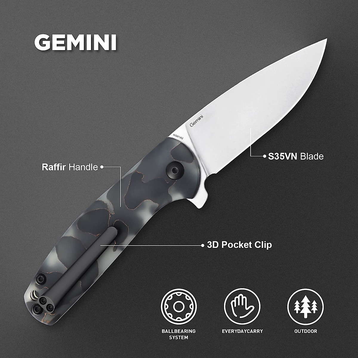 Kizer Folding Pocket Knife, 3.11 Inches S35VN Steel Blade Raffir Handle EDC Knife, Assisted Folder Opening with Flipper, Utility Knife for Men Women, Gemini Ki3471A2