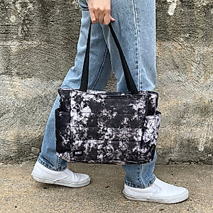 BUILT Puffer Tote Lunch Bag Lightweight, Insulated and Reusable, Black and White Nightfall Tie Dye, 11 Can Capacity