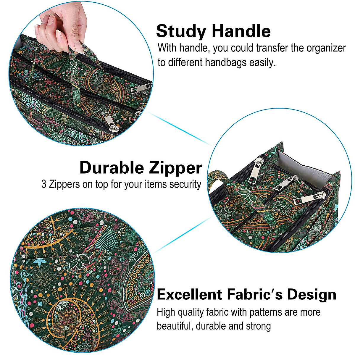 BTSKY Printing Handbag Organizers Inside Purse Insert - High Capacity 13 Pockets Bag Tote Organizer with Handle (Green Lotus)