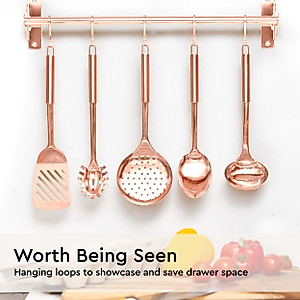Copper Cooking Utensils for Cooking/Serving, Rose Gold Kitchen Utensils -Stainless Steel Copper Serving Utensils Set 5 PCS-Copper Ladle, Serving Spoon, Pasta Serving Fork, Spatula, Kitchen Skimmer