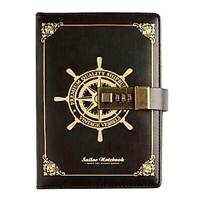 Diary And Notebook Digital Password Notebook Leather Binder Journal Combination Metal Code Lock Diary Print Bronzing Locking Journal Diary (Color : Black)
