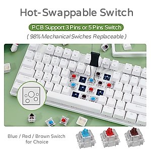 RK ROYAL KLUDGE RK87 Wireless Mechanical Keyboard, 75% TKL Hot Swappable RGB Bluetooth Gaming Keyboard Triple Mode BT5.1/2.4G/USB-C with 2 Detachable Frames, USB Hub, Silent Brown Switch, White