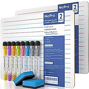 Nicpro Dry Erase Lap Board 9 x 12 inches 2 Pack Ruled Kid Double Sided Blank & Lined Small Lapboard with 8 Pens, 2 Eraser, Learning Mini Whiteboard Portable for Student and Classroom Use