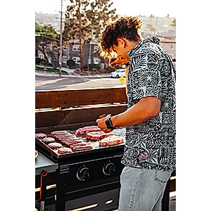 Megamaster 720-0786F Outdoor Portable Cooking 4-Burner Propane Gas Griddle Grill, Flat Top for Camping, Outdoor Cooking, Patio, Garden, Cart with Caster, Side Shelves with Hooks, Black and Grey