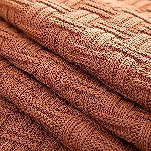 RUDONG M Brown Cotton Cable Knit Throw Blanket, Cozy Warm Knitted Couch Cover Blankets, 60 x 80 Inch