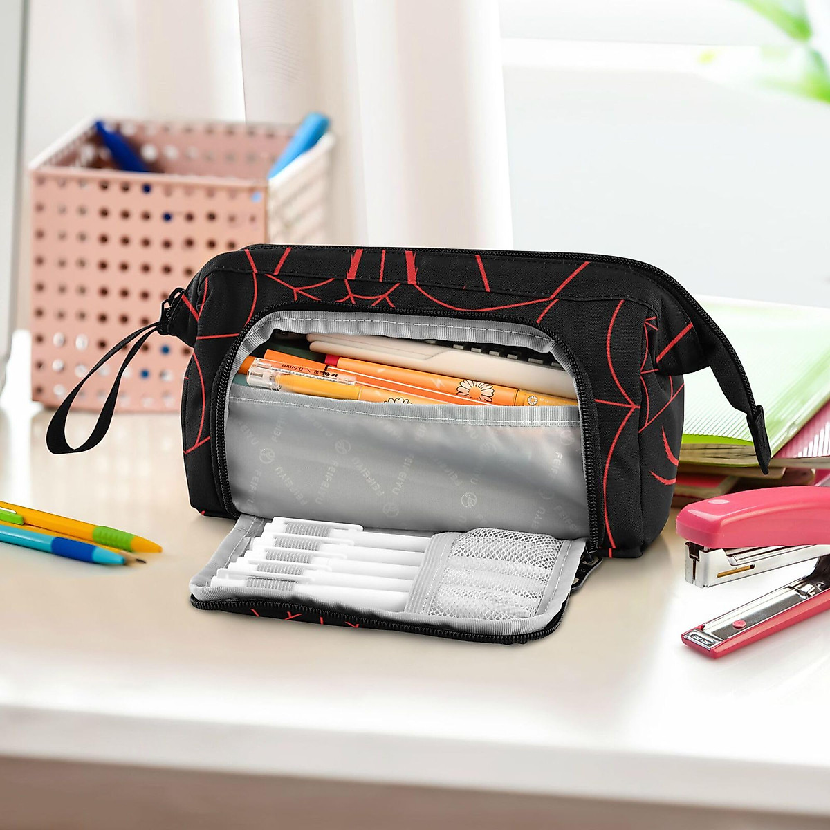 Glaphy Red Spider and Spider Web Halloween Pencil Case Large Capacity Pencil Pouch Bag Zipper Storage Stationery Bag for Office College School