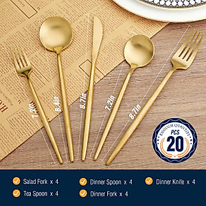 BirdyFly Gold Silverware Set, 20 Piece Stainless Steel Flatware Set Service for 4, Matte Gold Cutlery Set, Include Knives/Forks/Spoons, Dishwasher Safe