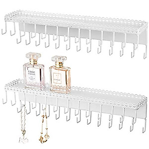 MyGift White Metal Wall-Mounted Jewelry Hanging Shelf with 26 Necklace Hooks, Set of 2