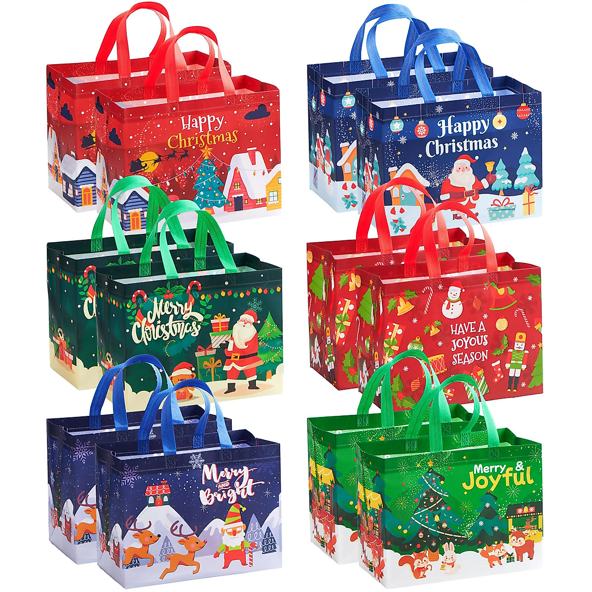JOYIN Christmas 12 PCS Tote Bags Large Size 12.8"*9.8" Gift Bags for Xmas Party. Holiday Reusable Grocery Bags Bulk With Handles as Goodie Bags, Party Supplies Bags, Party Favor Shopping Bags.