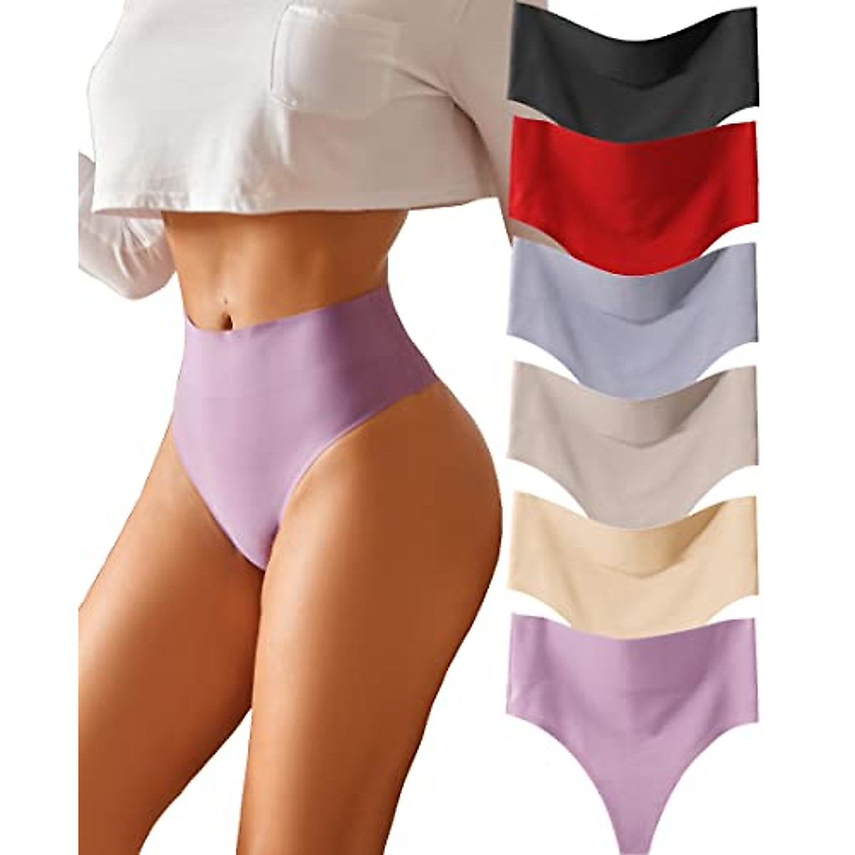 Knowyou High Waisted Thongs for Women Seamless Underwear for Women No Show Sexy Breathable Panties for Laides 6 Pack