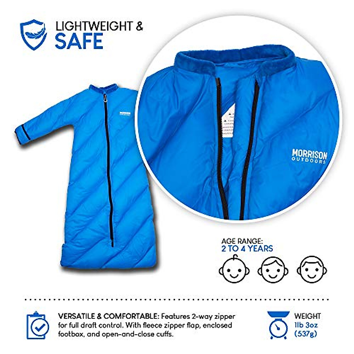 Big Mo 40 Kids Sleeping Bag (Ages 2-4), Blazing Blue, Lightweight Camping Sleeping Bag for Kids 2-4 Years Old. Has Adjustable Open-and-Closed Cuffs for Using Hands with Sleeping Bag.