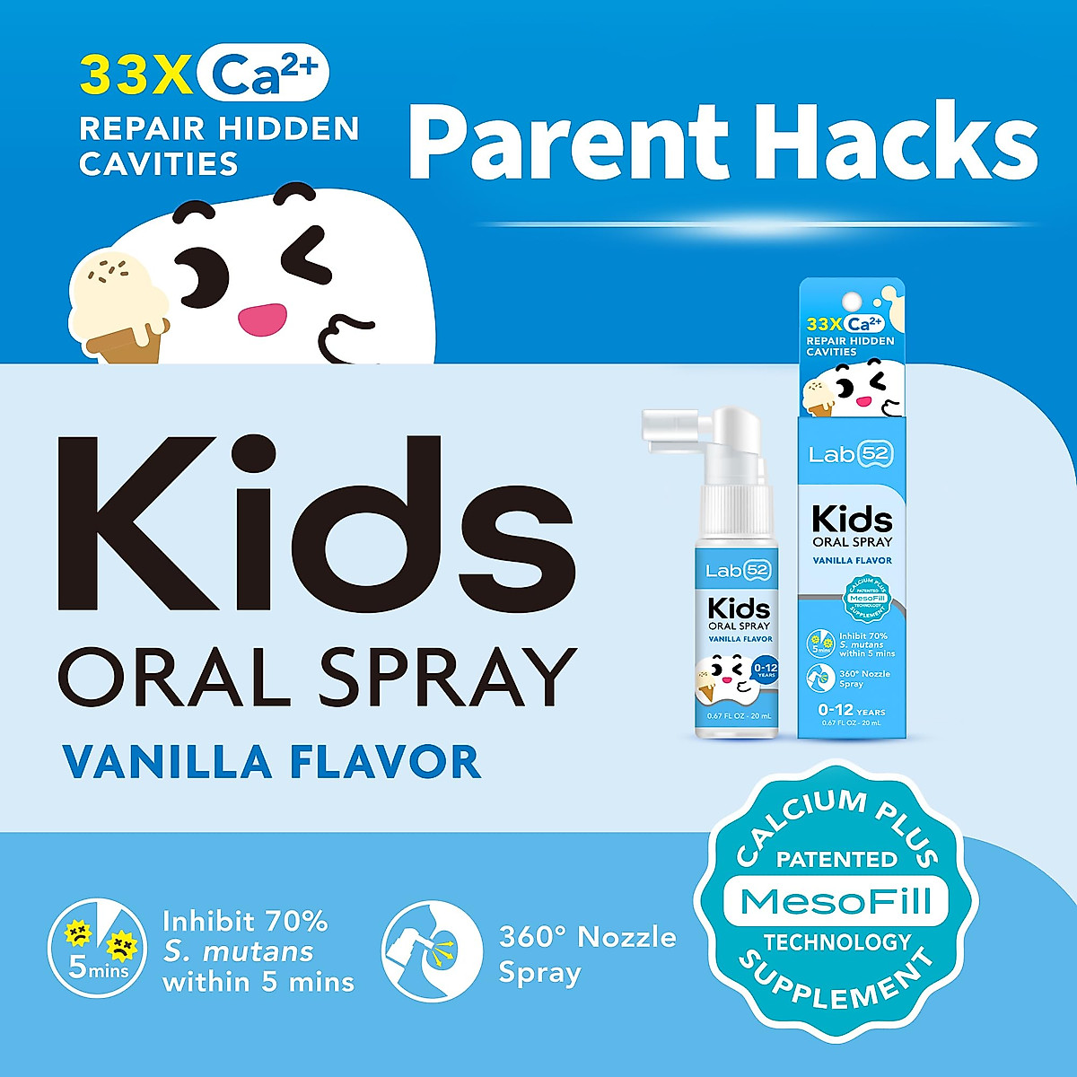 LAB52 Kids Oral Spray, Toddler Toothpaste Helper for Cavity Repair and Fresh Breath, Children Anticavity with Fluoride Free for Newborn to Preschoolers, Xylitol Vanilla Flavor