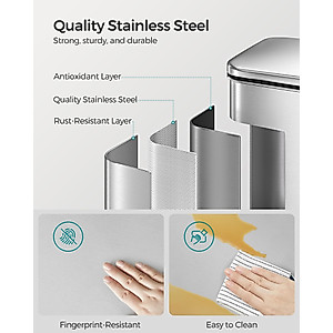 SONGMICS Kitchen Trash Can, 10.5 Gallon (40 L) Garbage Can, Large Step Trash Bin with Lid, Stainless Steel, Soft Close, 15 Trash Bags Included, Silver ULTB540E40