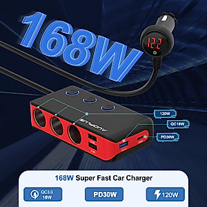 Car Cigarette Lighter Adapter, USB C Charger 30W and Quick Charge 3.0 Car Cigarette Lighter Splitter, 12V/24V Independent Switches, Fast Car USB Charger for All Car Devices, iPhone 14/13/12 pro