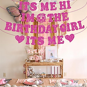 Pre-Strung Its Me Hi Im the Birthday Girl Its Me Banner, NO-DIY Popular Singer Happy Birthday Banner Hot Pink Glitter Birthday Decorations Banner for Fans Girls Women Birthday Party