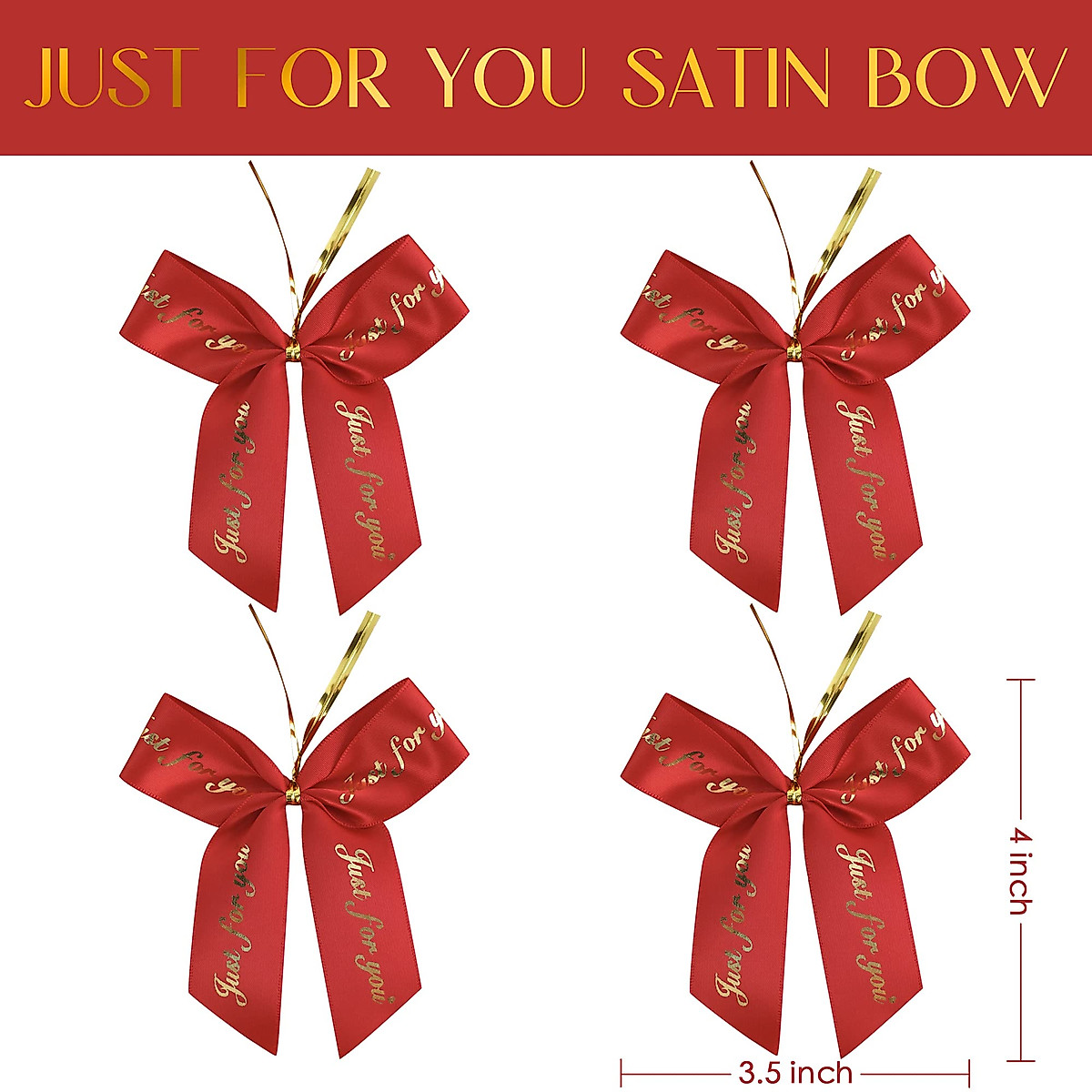 AIMUDI Red Satin Ribbon Twist Tie Bows for Valentine's Day 3.5" Premade Just for You Bows Red and Gold Bows for Treat Bags Gift Wrapping Crafts Party Favors Cake Pop Candy Apple Baby Shower-50 Counts