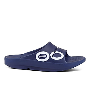 OOFOS OOahh Sport Slide Sandal, Navy White - Men’s Size 10, Women’s Size 12 - Lightweight Recovery Footwear - Reduces Stress on Feet, Joints & Back - Machine Washable - Hand-Painted Graphics