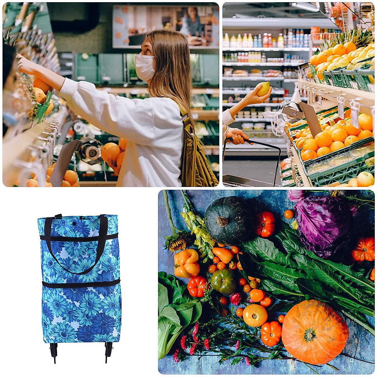 VILLCASE Foldable Dolly Folding Shopping Cart Stair Climber Cart Foldable Compact Grocery Collapsible Trolley Bags Reusable Shopping Bags Grocery Bags Shopping Trolley Blue Flowering Shopping Tote