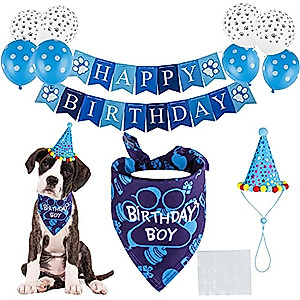 TCBOYING Dog Birthday Bandana, Dog Birthday Boy Hat Scarfs Flag Balloon with Cute Doggie Birthday Party Supplies Decorations(11-Piece Set) (Blue)