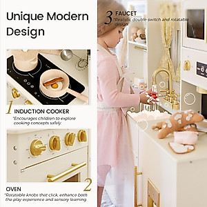 Tiny Land Play Kitchen for Kids, Toy Kitchen Set with Plenty of Play Features, New Modern Kids Wooden Play Kitchen Designed in Trendy Home Style with Curtains, Gift for Ages 3+