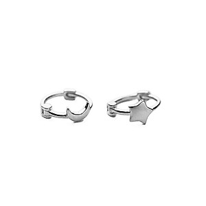 Asymmetrical Star Moon Small Hoop Earrings for Women Girls 925 Sterling Silver Charms Tiny Minimalist Crescent Moon Star Cartilage Clip Cuff Stud Earrings Fashion Delicate (Silver)