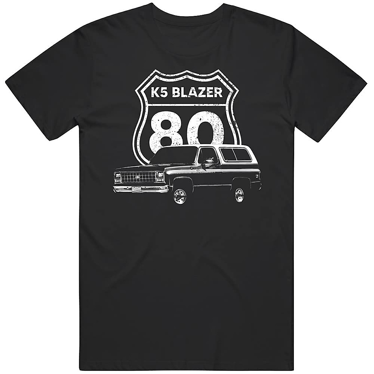 1980 K5 Blazer Front Three Quarter View with Highway Sign T Shirt L Black