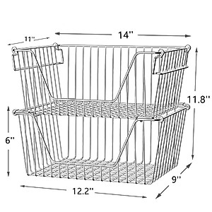 Slideep Large Stackable Storage Baskets Cabinet Organizer Sturdy Metal Wire Pantry Freezer Bin for Pantry Home Bathroom Kitchen Organization 3 Packs