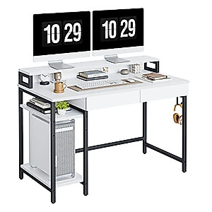 CubiCubi Computer Desk with Monitor Stand, 47 inch Home Office Study Writing Table with Drawers and Storage Shelves for Small Spaces, White
