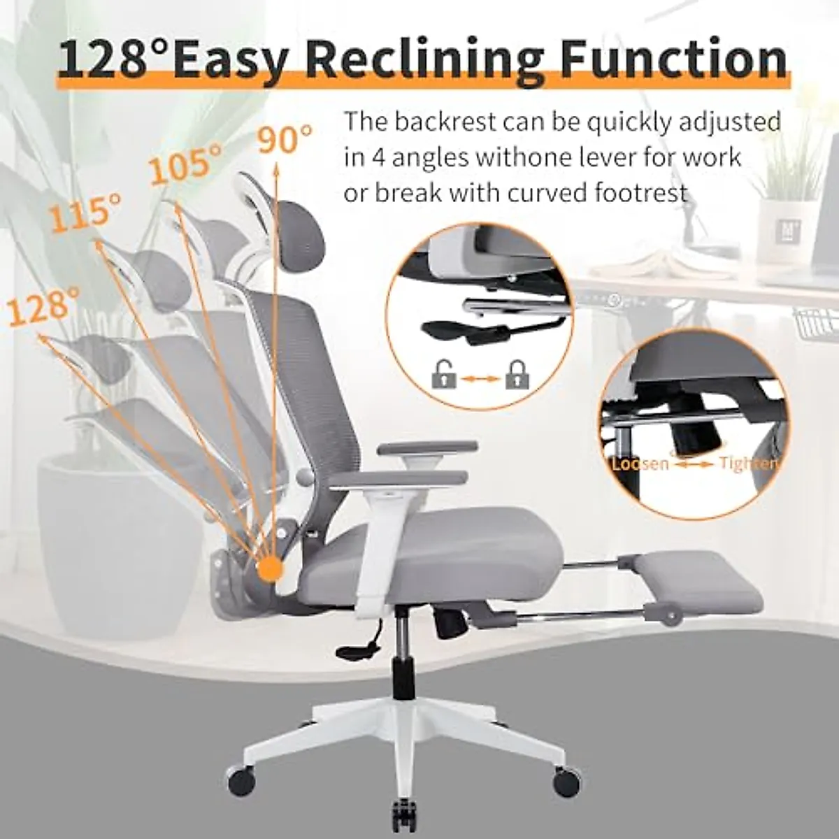 Foldable Ergonomic Office Chair, High Back Desk Chair with Footrest, Mesh Back Computer Chair with 2D Headrest, 2D Armrest, Adjustable Lumbar Support, Soft Sponge Seat, Swivel Task Chair, Gray