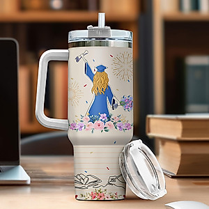 99OWL Graduation Gifts, Tumbler 40 Oz With Handle Lid And Straw, Congrats Graduation Memorial, Gold Royal Of Senior Handle Floral Heart Class Light Teal Flower Tumblers Rose Navy