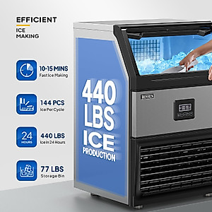 ROVSUN 440LBS/24H Commercial Ice Maker, Freestanding/Under Counter Industrial Ice Machine with Time Reservation, 77lbs Storage Bin, LED Panel & Water Filter for Home Office Restaurant Bar Cafe