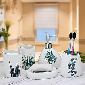 EPFamily White Ceramic Bathroom Accessory Set - Including 5 Piece Soap Dispenser, Toothbrush Holder, 2 Tumbler, Soap Dish with Green Plant Pattern