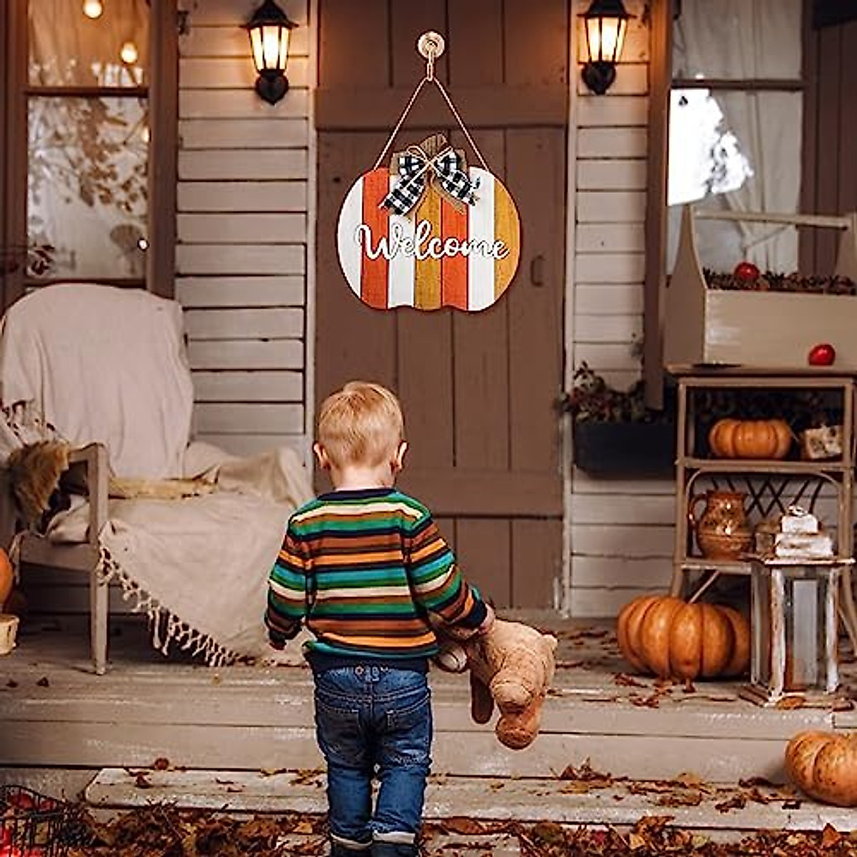 Fall Pumpkin Welcome Sign Thanksgiving Pumpkin Wood Hanging Sign Autumn Front Door Wood Signs for Fall Party Thanksgiving Harvest Home Decor