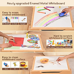 Wood 3 in 1 Kids Table and Chairs Set with Storage New Enamel Whiteboard and Built in Plate Detachable Tabletop Children Furniture Toddler 3 Piece Set Ideal for Arts & Crafts Dining Homework & More