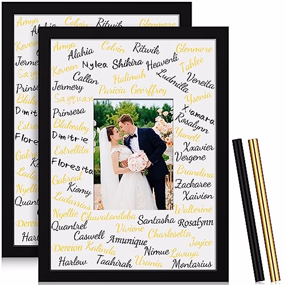 2 Pack 14 x 14 Inch Wedding Signature Picture Frame Displays 5x7 Photo with 2 Pcs Signature Pen for Wedding, Celebrations and Graduation, Black Wood Frame for Wall Hanging (11 x 14 Inch)