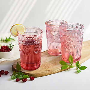 Joeyan Pink Drinking Glass Cups,Flower Embossed Romantic Water Tumblers,Vintage Highball Glassware for Juice Beverage Wine Cocktail,Great for Wedding Party Home Daily Use,11.5 oz,Set of 4