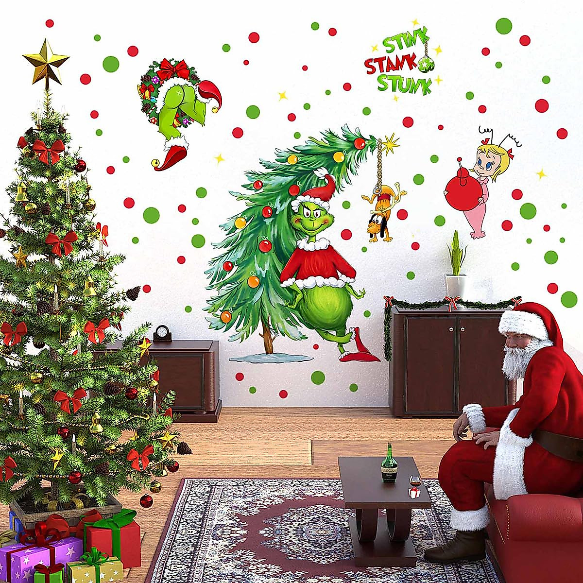 Christmas Wall Decals Stickers Self-Adhesive Winter Christmas Wall Stickers Holiday Xmas Wall Decals Cute Christmas Trees Green Monster Designs for Christmas Party Home Supplies Home Wall Decorations