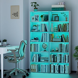 Homhedy 6 Tier Bookcase with LED Lights, 71" H Tall Open Bookshelf, Wooden Display Storage Shelves for Home Office, Living Room, Bed Room,Size:23.6" W x 71.2" H x 9.4" D, White