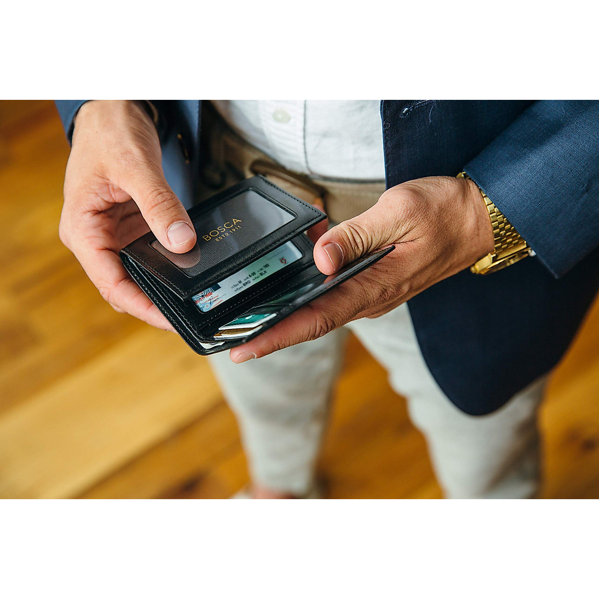 Bosca Men's Wallet, Old Leather Double I.D. Tri Fold Wallet with RFID Blocking, Black