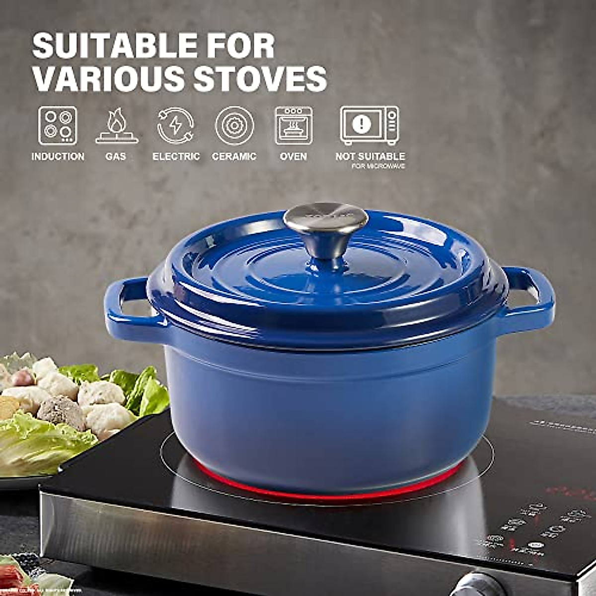 ZQBTC Enamel Cast Iron Covered Dutch Oven Pot with Lid for Bread Baking Use on Gas Electric Oven 4 Quart(Blue, 4-5 People)