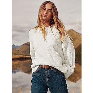 ANRABESS Women's Oversized Crewneck Long Sleeve Fuzzy Knit Casual Chunky Warm 2025 Fall Pullover Sweaters Top Trendy Outfits White Medium