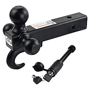 TOPTOW 64181HL Trailer Receiver Hitch Triple Ball Mount with Hook, Black Balls, with Black Dogbone Trailer Hitch Lock, Fits for 2 inch Receiver