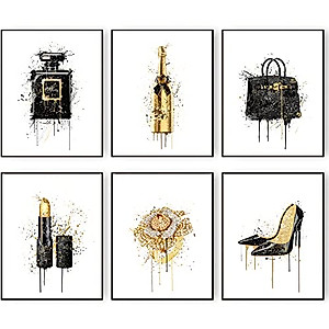 HoozGee Fashion Art Watercolour Splash Gold Champagne Black Perfume Bottle Lipstick Ring Jewelry High Heel Handbag Wall Art Prints Poster Girly Room Decor Bedroom Wall Decor (8"x10" UNFRAMED)