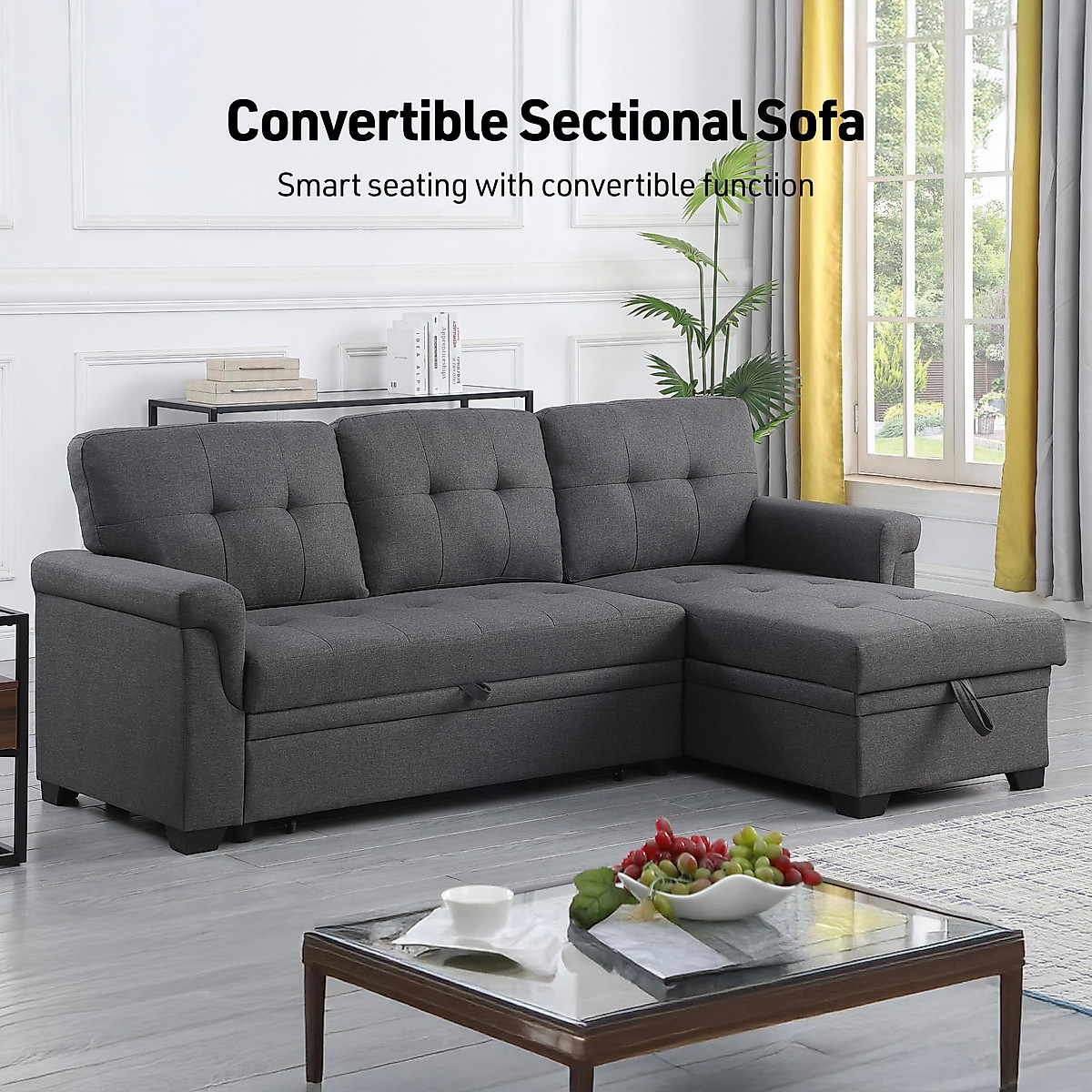 Lilola Home Lucca Dark Gray Linen Reversible Sleeper Sectional Sofa with Storage Chaise